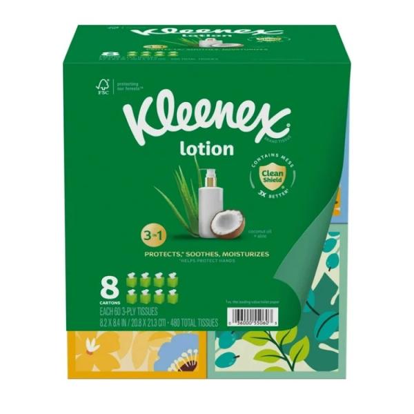 クリネックス ローションティッシュ 3枚重ね ココナッツオイル＆アロエ配合 60組 × 8箱（合計480組）は、やさしい肌触りとしっとりとした使い心地が特長のフェイシャルティッシュです。保湿成分としてココナッツオイルとアロエを配合したティッ...