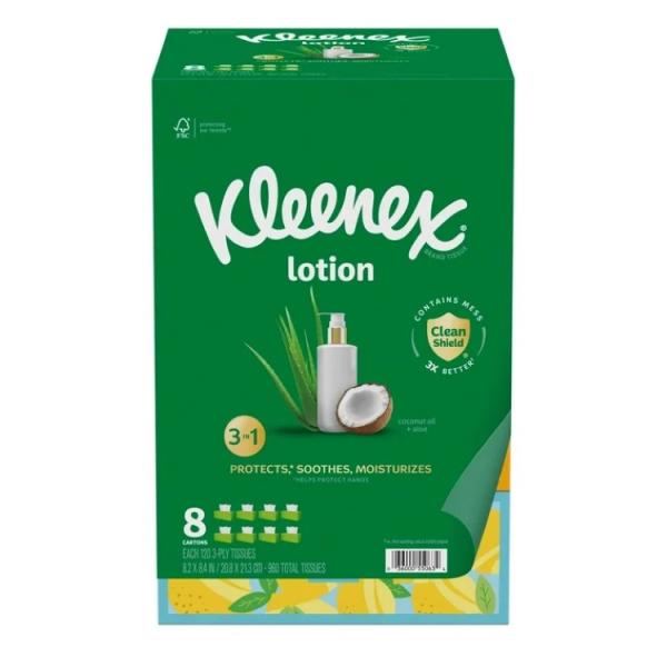 クリネックス ローションティッシュ 3枚重ね ココナッツオイル＆アロエ配合 120組 × 8箱（合計960組）は、うるおい感とやさしい使い心地にこだわったフェイシャルティッシュです。 ココナッツオイルとアロエが配合されたしっとりなめらかなテ...