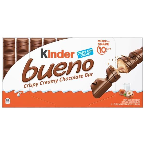 キンダー ブエノは、サクサクのウエハースとなめらかなヘーゼルナッツクリームを組み合わせたチョコレートバーです。1箱に個包装のチョコレートバーが10本入っており、オフィス用のおやつとしても使いやすい仕様です。 クリスピーなウエハースに、ヘーゼ...