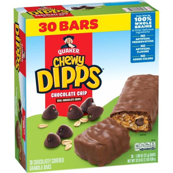 クエーカー チューイーディップス グラノーラバー チョコチップ 30本入り チューイータイプのグラノーラにチョコチップを加え、チョコレート風コーティングを施したグラノーラバーです。やわらかな食感と甘さが楽しめます。 1本あたり全粒穀物9gを...