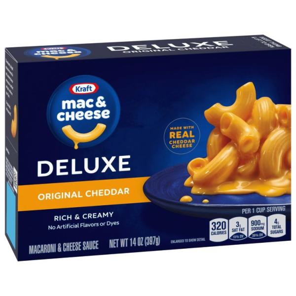 クラフト マック＆チーズ デラックス オリジナルチェダー 約397g。 チェダーのコクを楽しめるチーズソースとマカロニがセットになったマカロニ＆チーズです。 手軽に調理できるボックスタイプで、約4食分として使いやすい容量です。 人工香料・着...