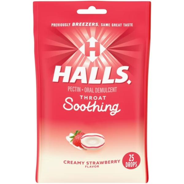 クリーミーなストロベリーフレーバーが楽しめる、HALLS（ホールズ）のスロートドロップ25個入りパックです。乾燥や違和感を感じた時のケアにおすすめです。1粒ずつ個包装されており、持ち運びに便利なチャック付き袋入りなので、外出先でも気軽に取り...