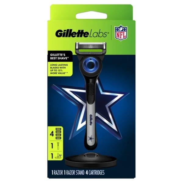 ジレットラボ メンズカミソリ ダラスカウボーイズ公式デザインは、NFLダラス・カウボーイズの特別デザインを採用したシェービングカミソリです。チームロゴをあしらった特別仕様で、日常のシェービングを楽しめるモデルです。本体にはエクスフォリエーテ...