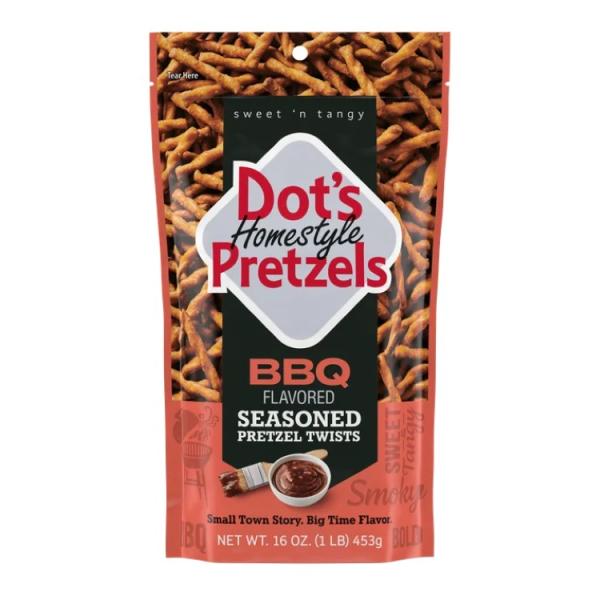 Dot's ホームスタイル プレッツェル ツイスト BBQフレーバーは、甘さと旨み、香ばしさが絶妙に調和したスイート＆セイボリーな特製BBQシーズニングで仕上げたクセになるスナックです。トランス脂肪酸、飽和脂肪を含まず、素材にこだわった軽や...