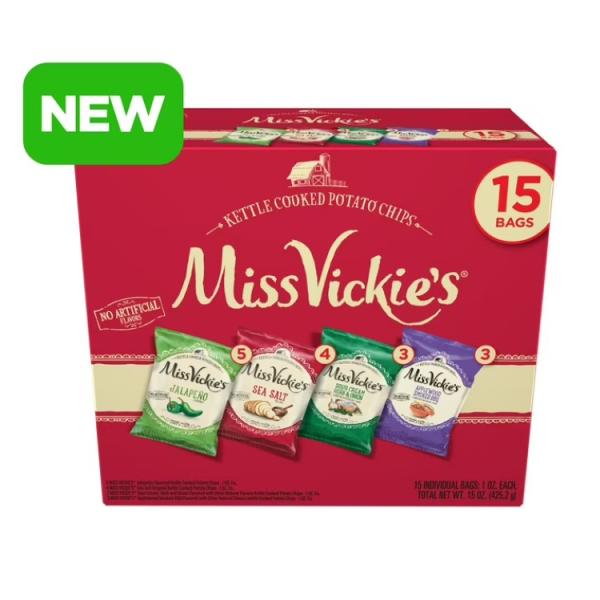 ミス・ヴィッキー ケトルクックド ポテトチップス バラエティパック（1oz×15袋入り）は、4つの人気フレーバーを詰め合わせたアソートセットです。 内容：ハラペーニョ（5袋）、シーソルト（4袋）、サワークリーム ハーブ＆オニオン（3袋）、ア...