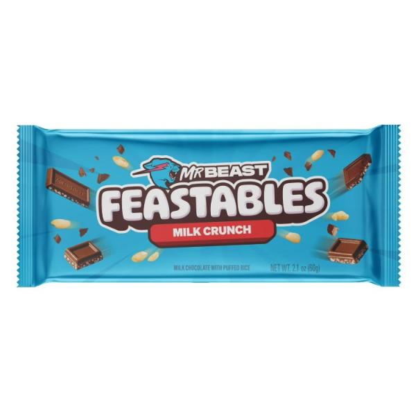 Feastables（フィースタブルズ）MrBeast ミルクチョコレートクランチバーは、甘く濃厚でクリーミーな味わいに、サクサクのパフライスをプラスした、満足感たっぷりのチョコレートバーです。新しくなった味と食感をぜひご体験ください。 シ...