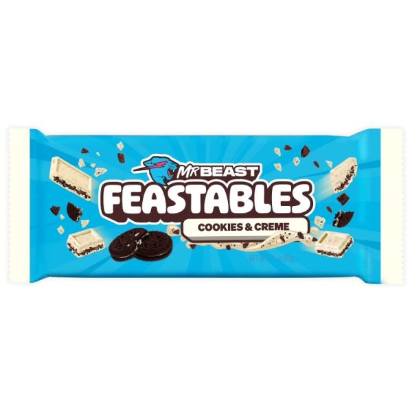 Feastables クッキー＆クリーム チョコレートバーは、サクサクのクッキーピースとなめらかなホワイトチョコレートが絶妙にブレンドされた、甘くて贅沢なお菓子です。バランスの取れた味わいで、スイーツ好きの心をしっかりと満たしてくれます。ホ...