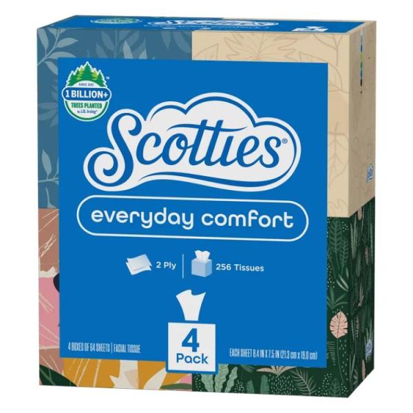 スコッティ フェイシャルティッシュ 2枚重ね エブリデイコンフォート 64組 × 4箱セットは、日常使いにぴったりなやわらかさと実用性を兼ね備えたティッシュペーパーです。1枚のサイズは約21.3cm × 19cmで、しっかりとした2枚重ね構...