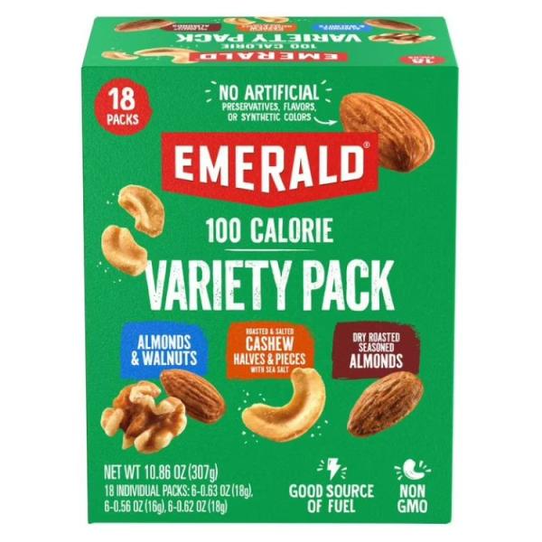 エメラルド ミックスナッツ バラエティパック（100カロリーパック）には、食べきりサイズの個包装が入っており、おやつや持ち運びにとても便利です。セットには3種類の味が楽しめるパックが含まれており、ドライローストアーモンド、ナチュラルアーモン...