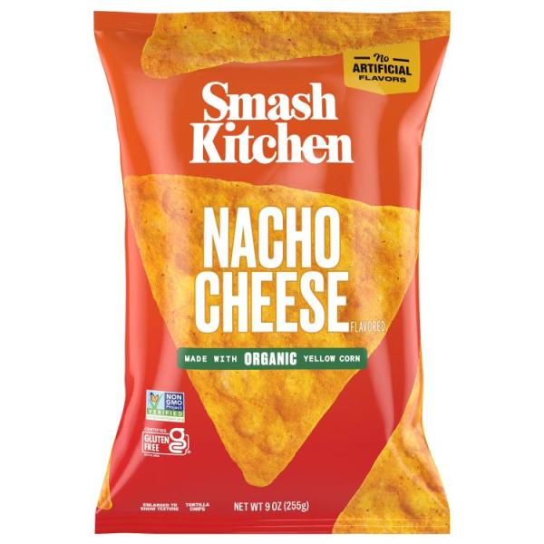 スマッシュキッチン ナチョチーズ トルティーヤチップス 9オンス（約255g）1袋入り。カリッとした食感が楽しめ、本格的なチーズとスパイスの風味が広がります。オーガニックの黄トウモロコシとチェダーチーズを使用し、非遺伝子組換え、グルテンフリ...