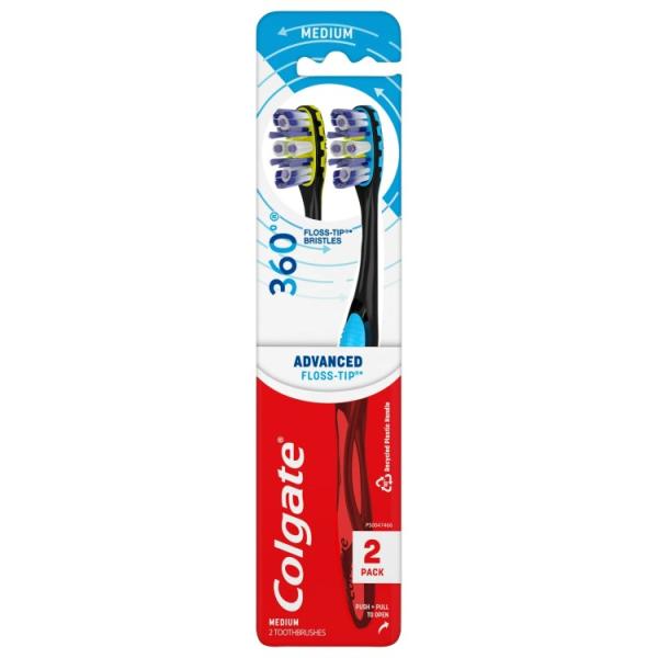 Colgate 360 Total Advanced Floss Tip*ミディアム毛歯ブラシ2本、ミディアム歯ブラシパックが含まれています紫色のフロスチップ*の毛が歯間の奥深くまで届きます（この大人用歯ブラシはフロスの代わりになるものでは...