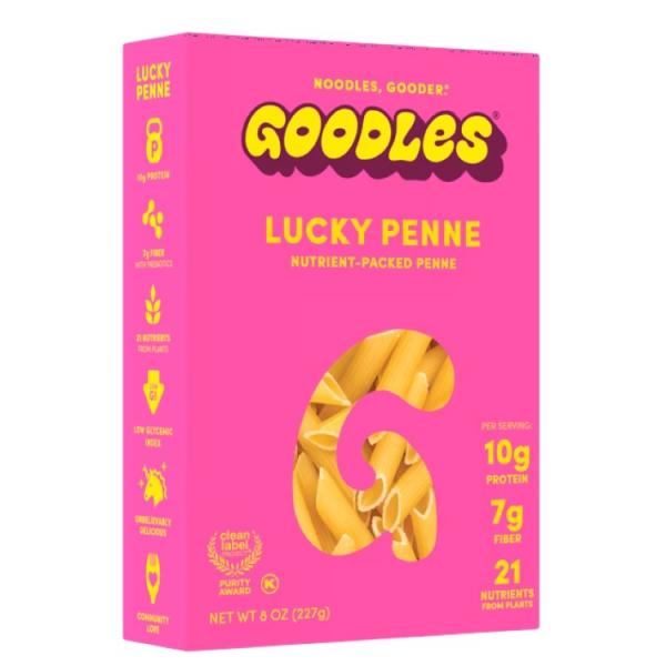 Goodlesの栄養強化パスタで、1食あたりたんぱく質18gとプレバイオティクス入り食物繊維12g、植物由来の21種類の栄養素を含むパスタです。棚持ちするシェルフスタブル商品のため、常温でストックしながら、見た目や味は従来のパスタに近い食事...