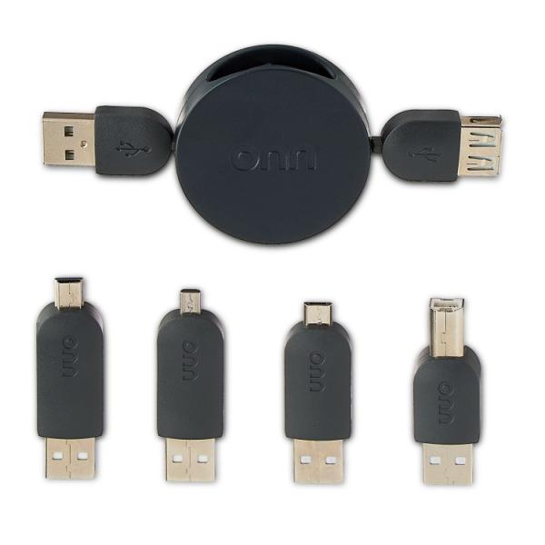 onn 伸縮式ケーブル付きUSBアダプターキット、約1m。多くのUSB機器を最大480Mbpsの転送速度で接続できます。USB 2.0／1.1機器に対応。約1mの巻き取り式USBケーブルと、Micro-USB（5ピン）、USB Mini-B...