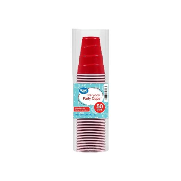 【商品説明】Great Value 使い捨てプラスチックパーティーカップ（レッド・9oz）50個入りです。【特徴】・ジュース・水・カクテル・ビールなど幅広い飲み物に対応・滑りにくいリッジデザインで持ちやすい・使い捨てで後片付けが手軽・軽量設...
