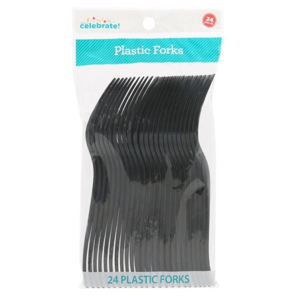 ウェイ トゥ セレブレート プラスチック製使い捨てフォーク、ブラック、24本入り。テーブルコーディネートに落ち着いたニュートラルカラーを添えます。パーティーや日常使いに最適。使い捨てタイプで、後片付けも簡単です。
