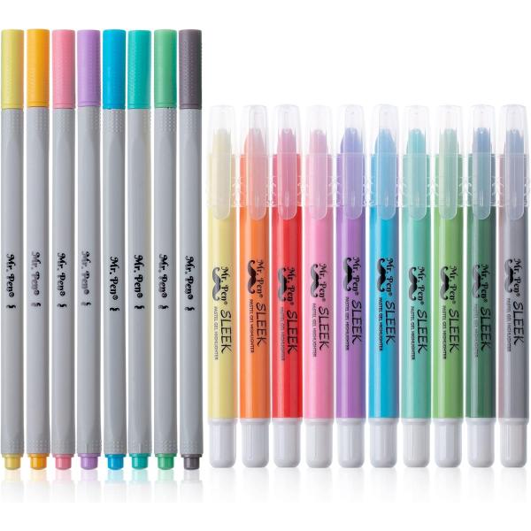 パッケージには、美しいパステルカラーのファインライナーペン 8 本と蛍光ペン 10 本が含まれています。明るく透明な色により、ハイライトされたテキストが読みやすくなります。蛍光ペンの先端を尖らせて、より細くすることもできます。Mr. Pen...
