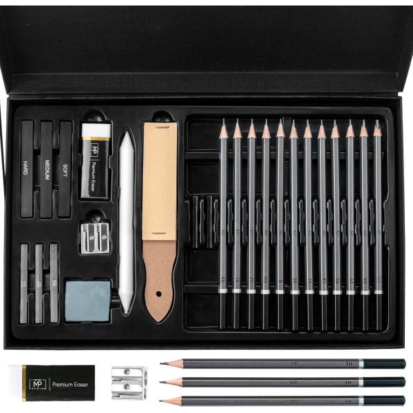 Mr. Pen スケッチ セットは、さまざまな硬度の高品質スケッチ ペンシル 14 本、高密度グラファイト スティック 6 本、金属シャープナー 1 個、標準消しゴム 1 個、練り消しゴム 1 個、ブレンディング スタンプ 1 個、サンドペ...