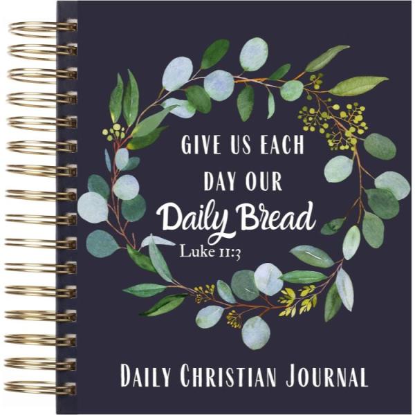 カラフルな花輪「私たちに日々の糧を与えてください」マタイによる福音書6章11節が美しいネイビーブルーの背景に描かれています一年の毎日のための祈り、励まし、反省が365ページにわたって書かれており、あらゆる年齢層に適しています。二重ワイヤーの...