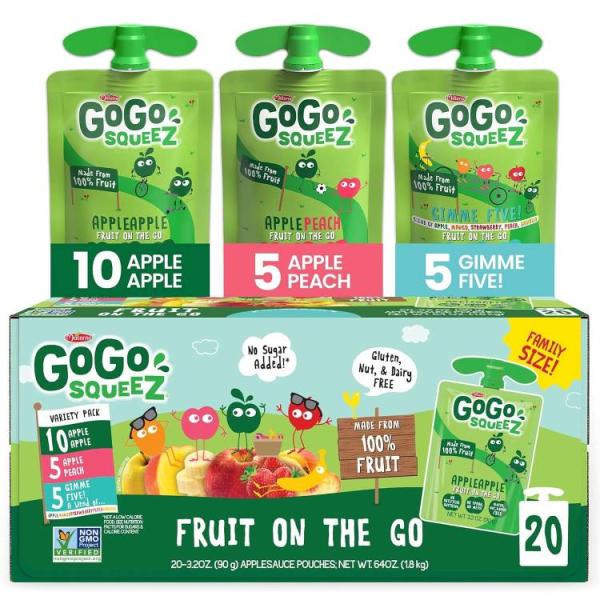 GoGo squeeZ Fruit on the Go の子供向けフルーツスナックは、高果糖コーンシロップ、着色料、香料、砂糖を一切使用していないフルーツから作られています*お子様に人気の 3.2 オンスのスナック パウチ 20 個パック ...