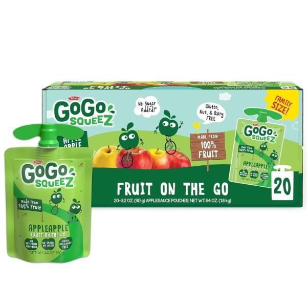 GoGo squeeZ Fruit on the Go の子供向けフルーツスナックは、高果糖コーンシロップ、着色料、香料、砂糖を一切使用していないフルーツから作られています*お子様に人気の 3.2 オンスのスナック パウチ 20 個入りパッ...