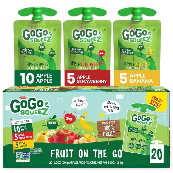 GoGo squeeZ Fruit on the Go の子供向けフルーツスナックは、高果糖コーンシロップ、着色料、香料、砂糖を一切使用していないフルーツから作られています*お子様に人気の 3.2 オンスのスナック パウチ 20 個パック ...