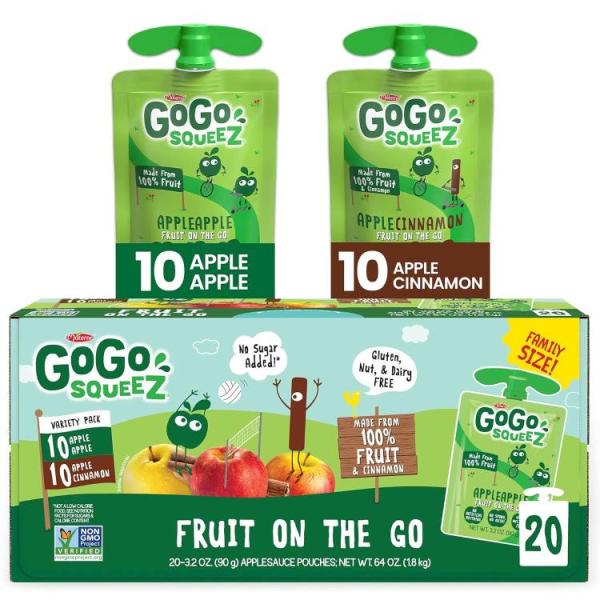 GoGo squeeZ Fruit on the Go の子供向けフルーツスナックは、高果糖コーンシロップ、着色料、香料、砂糖を一切使用していないフルーツから作られています*お子様に人気の 3.2 オンスのスナック ポーチ 20 個パック ...