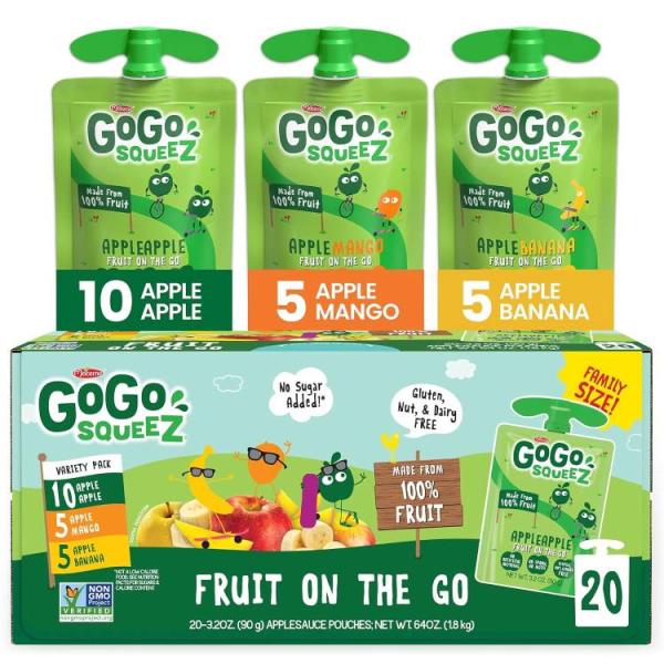 GoGo squeeZ Fruit on the Go の子供向けフルーツスナックは、高果糖コーンシロップ、着色料、香料、砂糖を一切使用していないフルーツから作られています*お子様に人気の 3.2 オンスのスナック パウチ 20 個パック ...