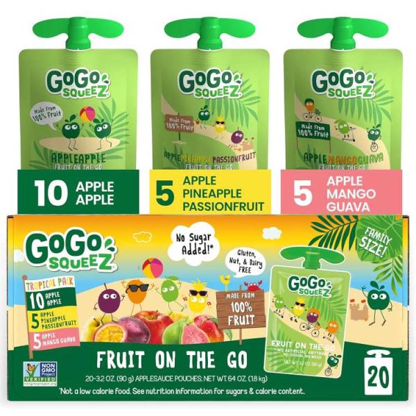 GoGo squeeZ Fruit on the Go の子供向けフルーツスナックは、高果糖コーンシロップ、着色料、香料、砂糖を一切使用していないフルーツから作られています*お子様に人気の 3.2 オンスのスナック パウチ 20 個パック ...