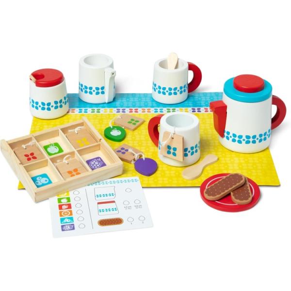 オールウッド ティーサービスセット: Melissa &amp; Doug の Wooden Steep &amp; Serve ティーセットには、蓋付きティーポット、カップ 2 個、スプーン 2 本、シュガーボウル、ミルクピッチャー、ティ...