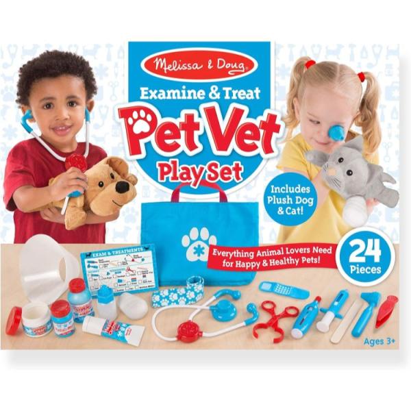 ペット付きの完全な獣医セット: Melissa &amp; Doug のペット獣医の診察と治療プレイセットは、ぬいぐるみの犬と猫、おままごと用の獣医用医療機器、簡単に収納できるトートバッグが付いた 24 点セットです。子どもたちの共感力を養...