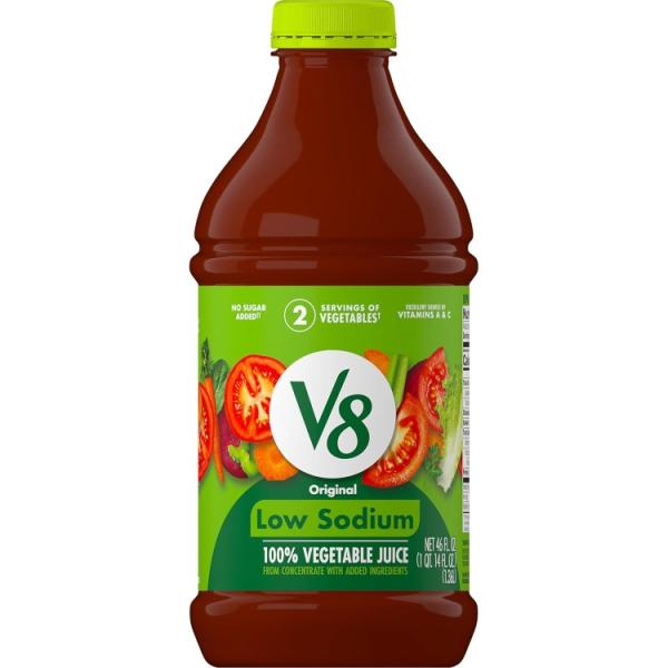 V8低ナトリウムオリジナル100%野菜ジュース46液量オンスボトル1本濃縮トマトジュースと7種類の野菜ジュースで作られた、他のジュースに代わる満足のいくジュースです。この100%ジュースの8液量オンスには野菜2食分が含まれており、ビタミンA...