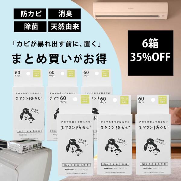 商品名：ウッディラボ　暮らしを楽しむシリーズ/エアコン防カビ6箱セット-リフレッシュハーブの香り-（日本製）【エアコンの季節が来る前に！貼るだけで「防カビ・消臭・芳香」の3役をこなす新習慣】気温が上がる4月・5月はエアコン内部に結露が発生し...