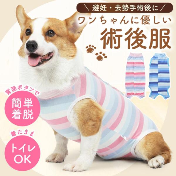 避妊・去勢手術後にワンちゃんに優しい　術後服エリザベスカラーはワンコにとって大きなストレスに…服タイプの術後服で快適な生活を！■体にフィットして脱げにくい手触りのいいストレッチ素材を採用。たくさん動いても脱げにくいので安心です！襟元と袖口は...
