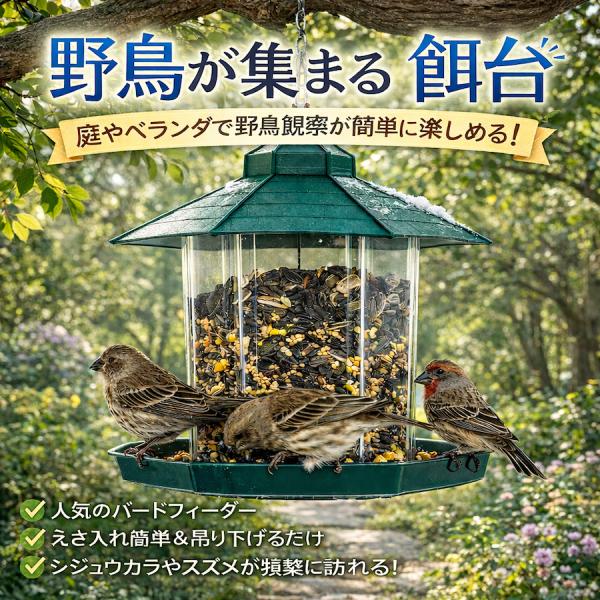 ・バードフィーダーはエサを補充し取り付けるだけの簡単設置で、お庭や軒先で手軽にバードウォッチングが楽しめます。 えさ台 えさ場 を作ってあげることで野鳥と触れ合う機会が作れる優れものです。・本バードフィーダーは複数の鳥が集まっても餌を食べれ...