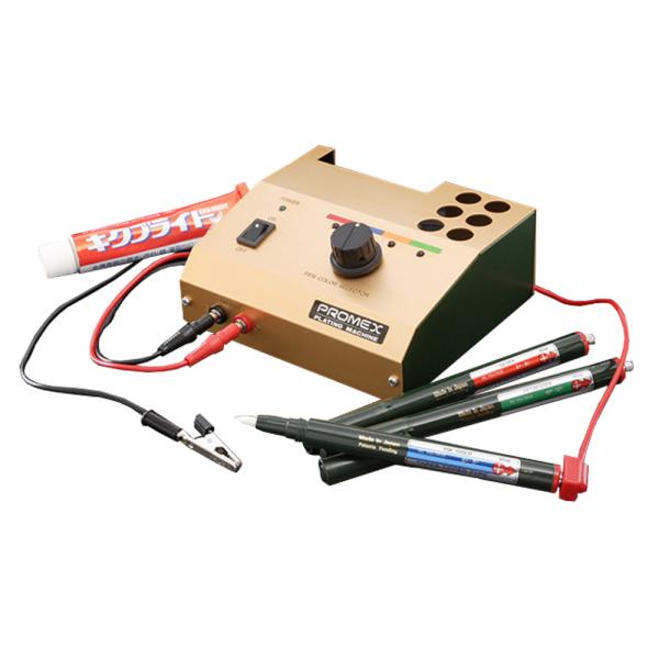プロメックス メッキ装置は、従来の方式と異なり、ペンに充填されたメッキ液を微弱な電流を通すことで、誰でも簡単にメッキ作業ができる装置です。スイッチやプリント基板、精密機器の部品補修、美術工芸品など幅広い分野で使用できます。誰でも簡単にメッキ...