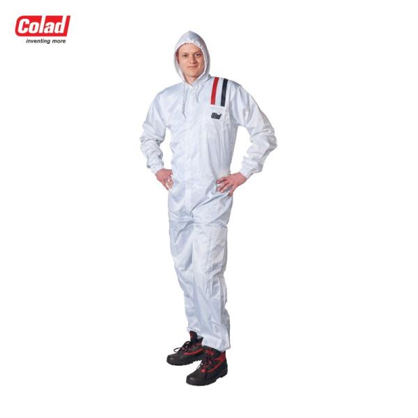 作業ツナギの上から着てもまとわりつきません。帯電防止加工がしてあります。前側のシワやタルミが出ないように、又、袖口、裾を引き締めてあります。溶剤の吹き返しに耐える丈夫なゴムを使用しています。フケや毛髪の脱落を止めるフードを採用し、後ろ側二か...