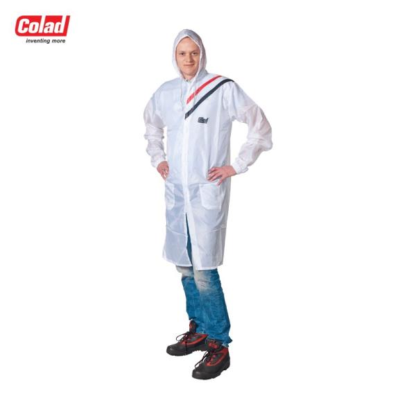 作業ツナギの上から着てもまとわりつきません。帯電防止加工がしてあります。前側のシワやタルミが出ないように、又、袖口、裾を引き締めてあります。溶剤の吹き返しに耐える丈夫なゴムを使用しています。フケや毛髪の脱落を止めるフードを採用し、後ろ側二か...