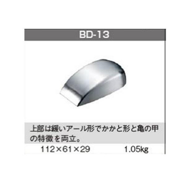 ハンマーリングする際パネル裏側に当てて使用する手持ち用の小さな金敷工具です。上部は緩いアール形でかかと形と亀の甲の特徴を両立。112×61×29　1.05kg
