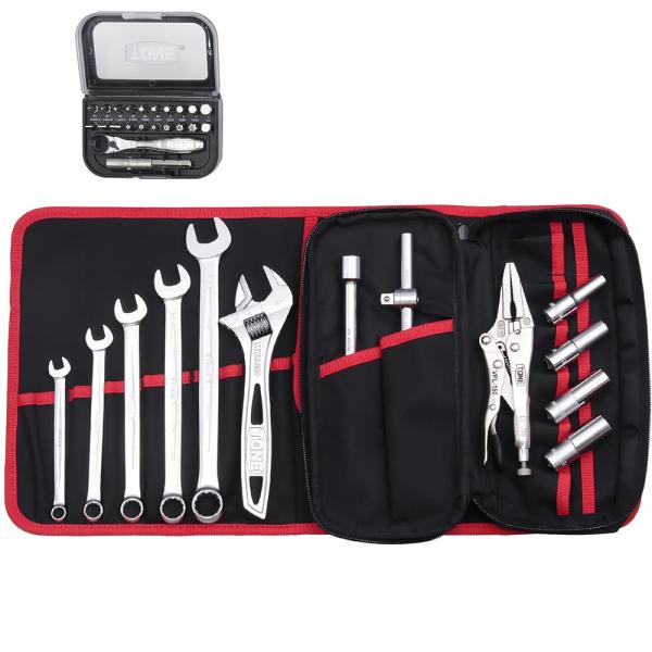 特長：持ち運びに便利な携帯用バッグに入った工具セットです。使用頻度の高いビットを備えたビットラチェットセット等、バイクの整備で活躍する工具をそろえた内容品となっています。用途：バイク整備用。仕様・規格：ツールバッグ(マルチタイプ)ケース寸法...