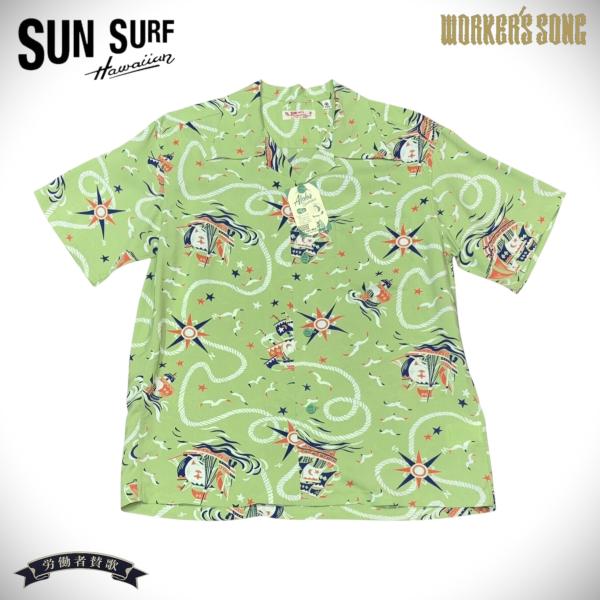 <商品説明>Lot No. SS39429 / RAYON HAWAIIAN SHIRT “AGE OF DISCOVERY” 1950年代前期スタイル大型の帆掛け船による大海への航海がシャツ一面を使い表現された作品。ロープに羅...