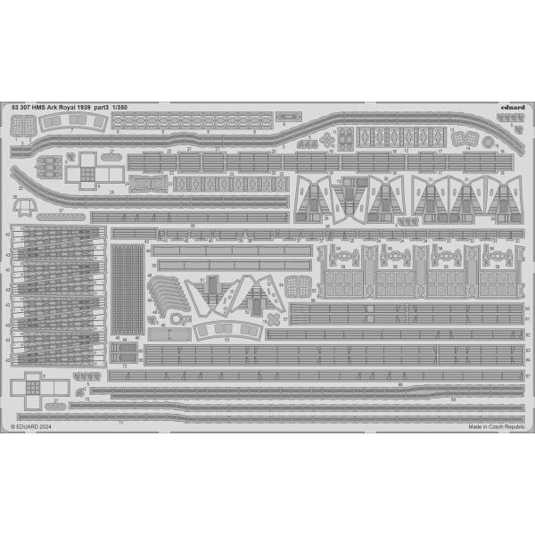 メーカー：エデュアルド縮尺：1/350商品コード：EDU53307商品名：イギリス海軍 1939年のH.M.S. Ark Royal (アーク・ロイヤル) 用エッチングパーツ Part3推奨キット：I LOVE kits＊別途推奨キットが必要です