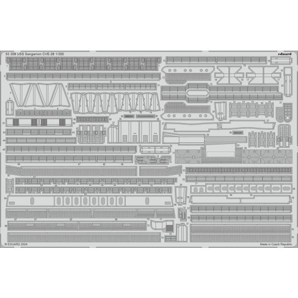 メーカー：エデュアルド縮尺：1/350商品コード：EDU53309商品名：1/350 USS Sangamon CVE-26 サンガモンの手すり用エッチングパーツ(トランぺッター用)推奨キット：トランぺッター＊別途推奨キットが必要です