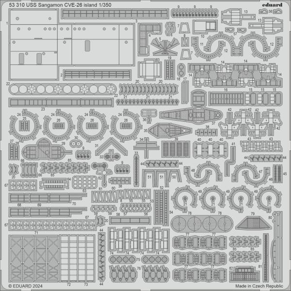 メーカー：エデュアルド縮尺：1/350商品コード：EDU53310商品名：1/350 USS Sangamon CVE-26 island サンガモンの艦橋用エッチングパーツ(トランぺッター用)推奨キット：トランぺッター＊別途推奨キットが必要です