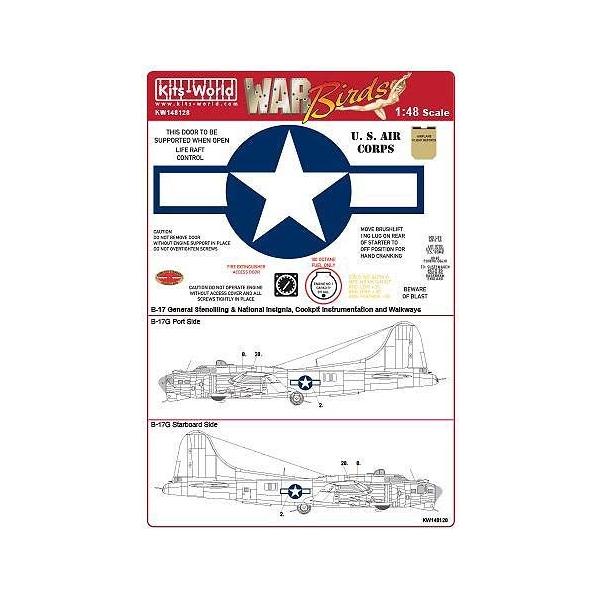 キッツワールドKW148128  1/48 B-17G Flying Fortress用国籍マーク、計器パネル、ステンシル他のデカール