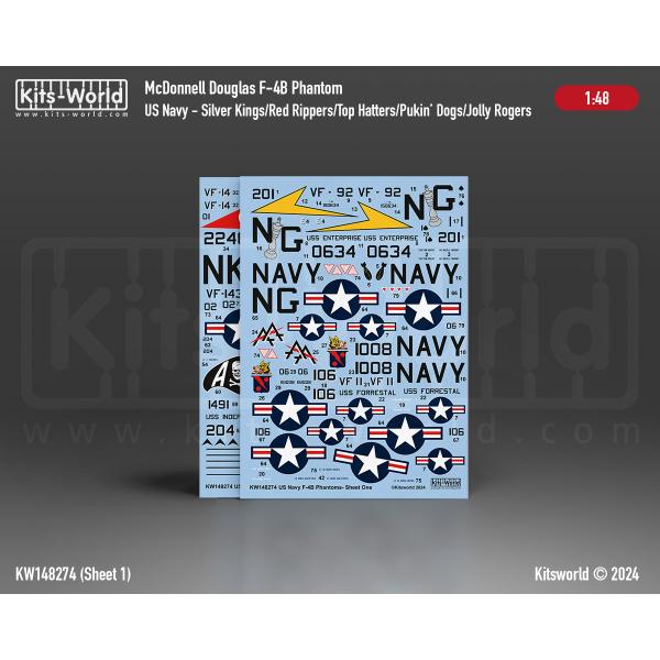 Kits-World(148274)1/48 US Navy McDonnell F-4B Phantoms用VF-84 'JollyRogers'他デカールです。F-4B Phantom, 150634/NG201, VF-92 'Sil...