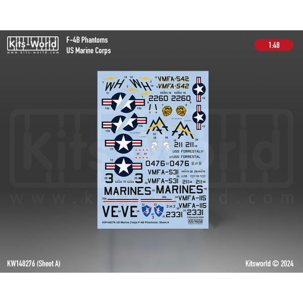 Kits-World(148276)1/48 US Marine Corps McDonnell F-4B Phantom用VMFA-122 'Crusaders'他デカールです。F-4B Phantom, 152260/WH1, VMFA...