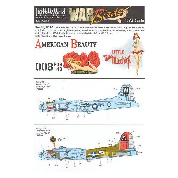 キッツワールドKW172003  1/72 Boeing B-17G Flying Fortress 'American Beauty' 他用デカール