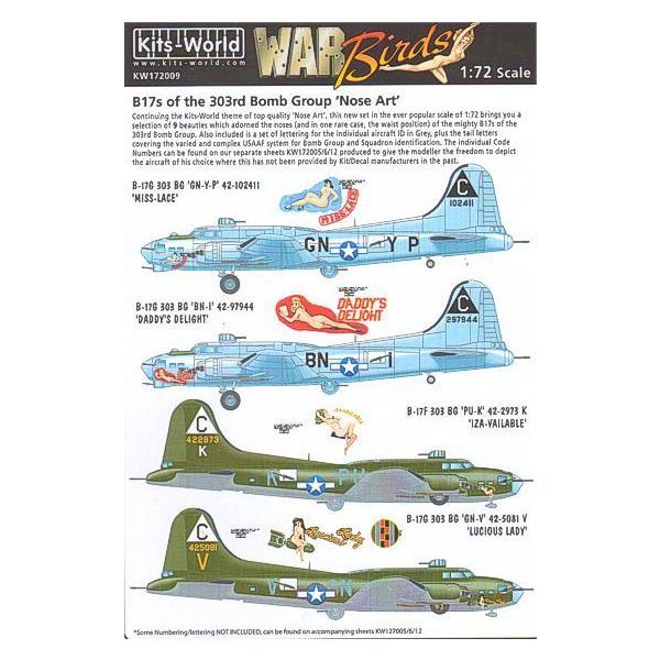 キッツワールドKW172009  1/72 Boeing B-17F/B-17G フライングフォレスト第303爆撃隊 ノーズアート　'Miss Lace'他のデカール