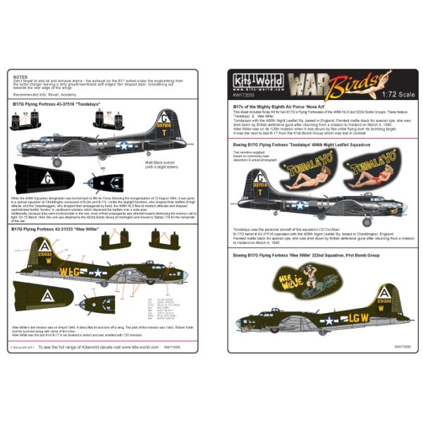 キッツワールドKW172033  1/72 Boeing B-17G Flying Fortress 'Tondalayo'他用デカール