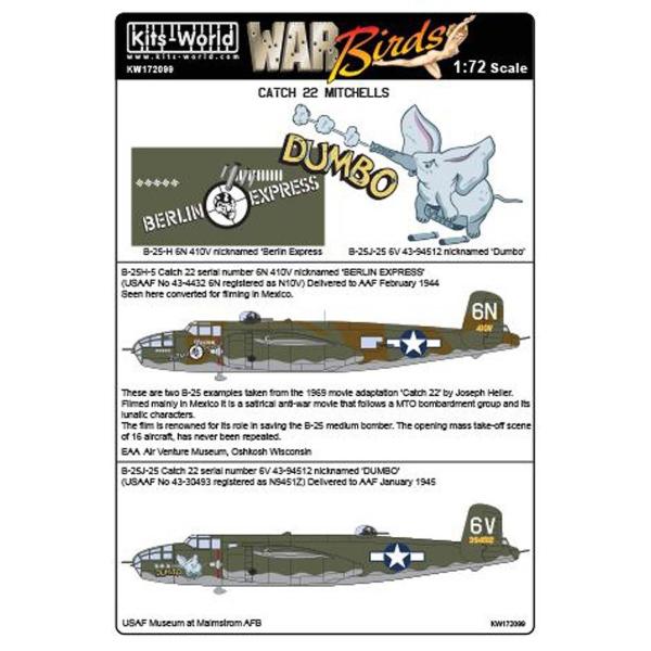 キッツワールドKW172099  1/72  Catch 22 ミッチェル North-American B-25H-1NA  'Berlin Express' 410V (N10V) 他用デカール